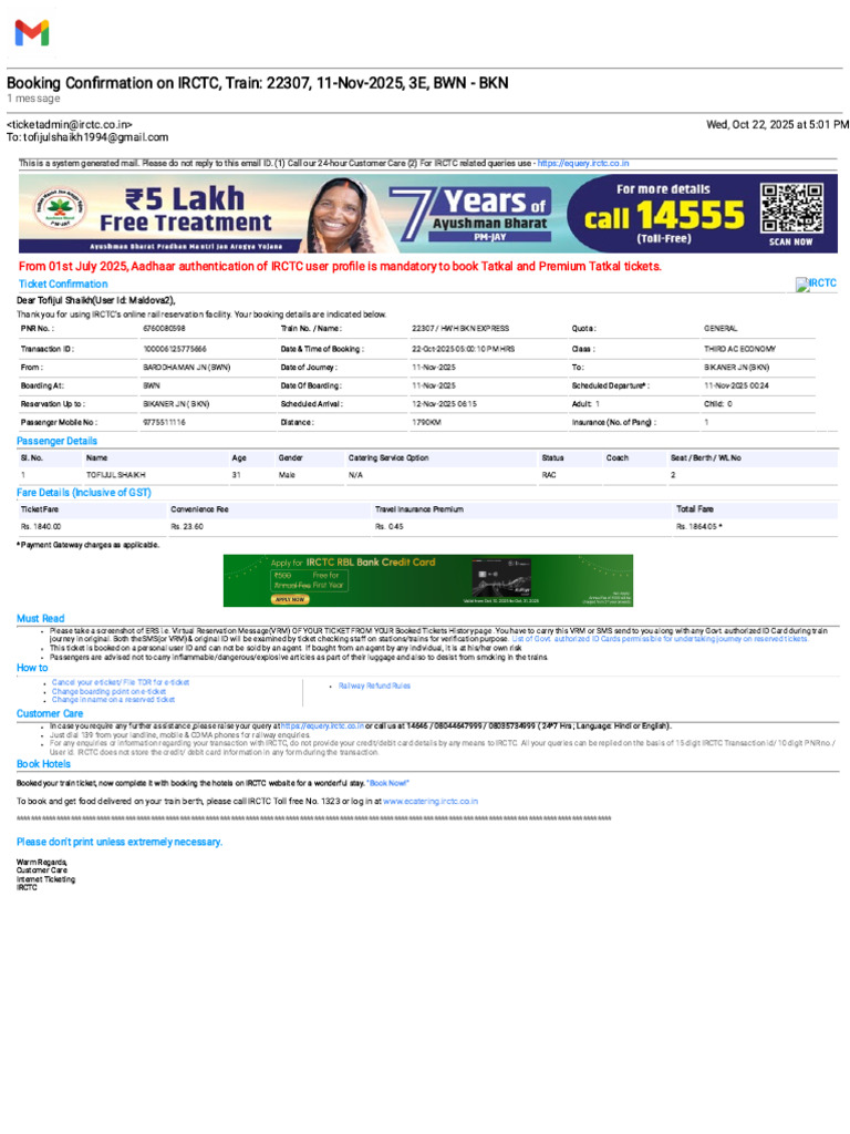 Gmail - Booking Confirmation On IRCTC, Train - 22307, 11-Nov-2025, 3E, BWN - BKN | PDF | Service ...