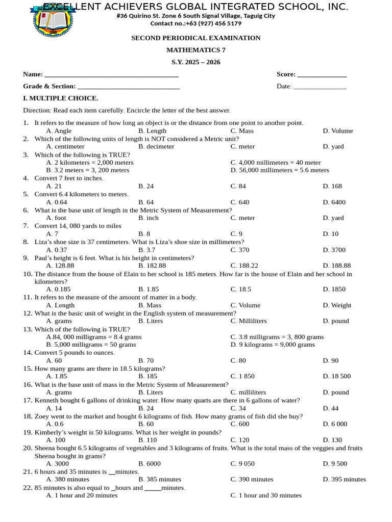 GRADE 7 | PDF | Pound (Mass) | Litre