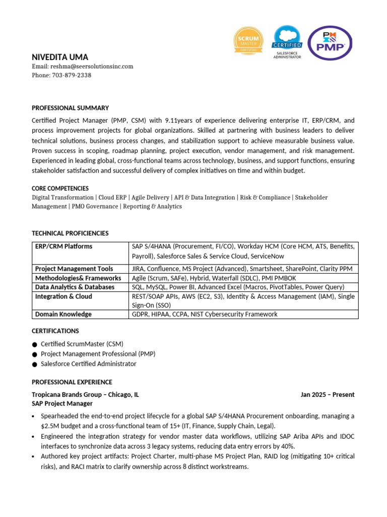 Nivedita Uma. Resume | PDF | Enterprise Resource Planning | Cloud Computing