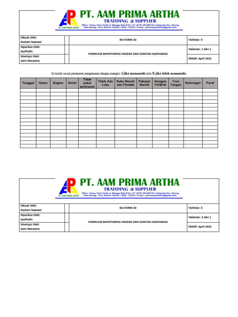 Formulir Hygiene dan Sanitasi Karyawan | PDF