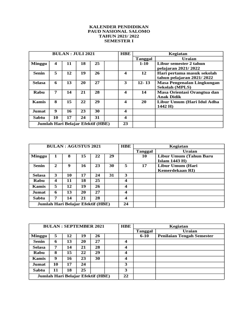 KALENDER PENDIDIKAN PAUD NASIONAL SALOMO | PDF