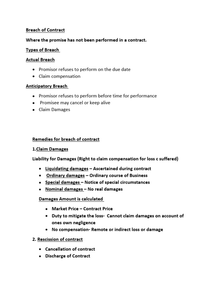 Types and Remedies for Breach of Contract | PDF