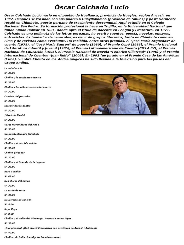 Óscar Colchado Lucio: Vida y Obras | PDF