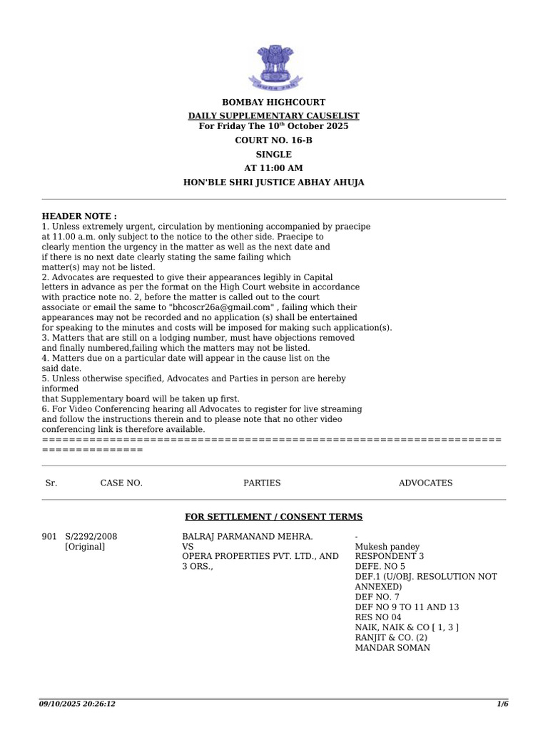 Bombay High Court Cause List - Oct 10, 2025 | PDF | Legal Procedure ...