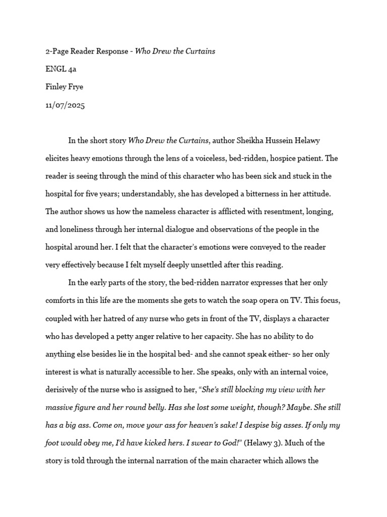 2-Page Reader Response - Who Drew The Curtains | PDF