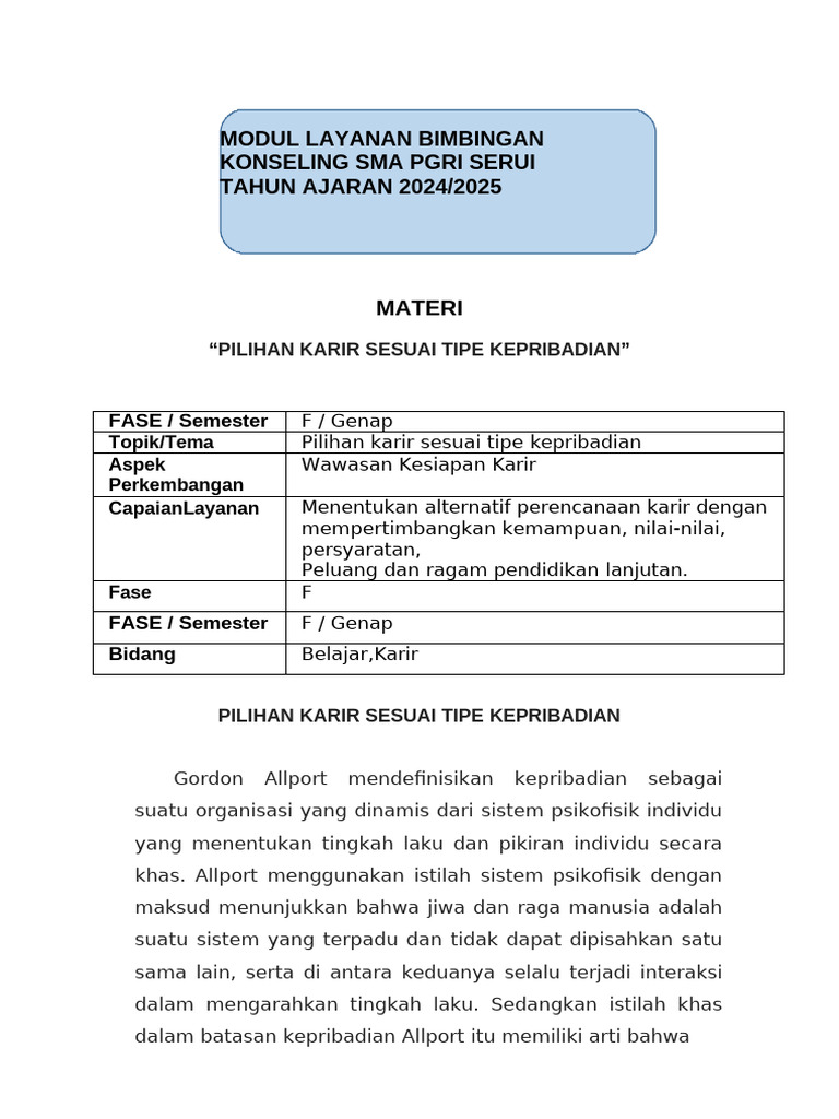 Pilihan Karir Berdasarkan Kepribadian | PDF