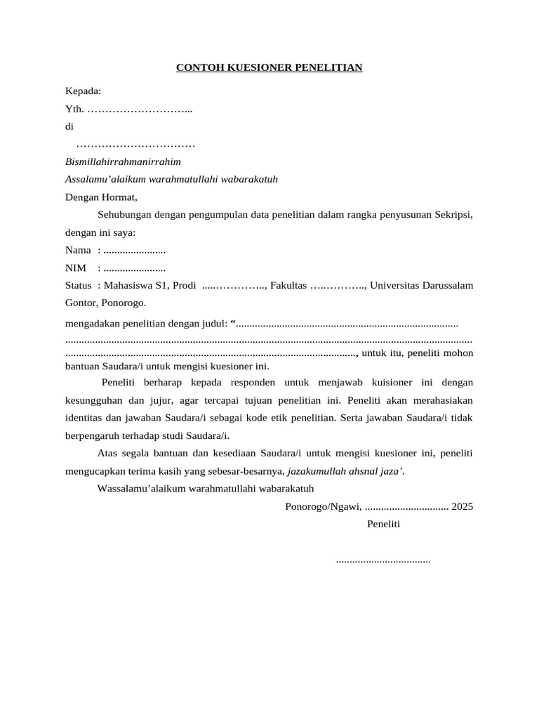 Contoh Kuesioner Penelitian Skripsi | PDF