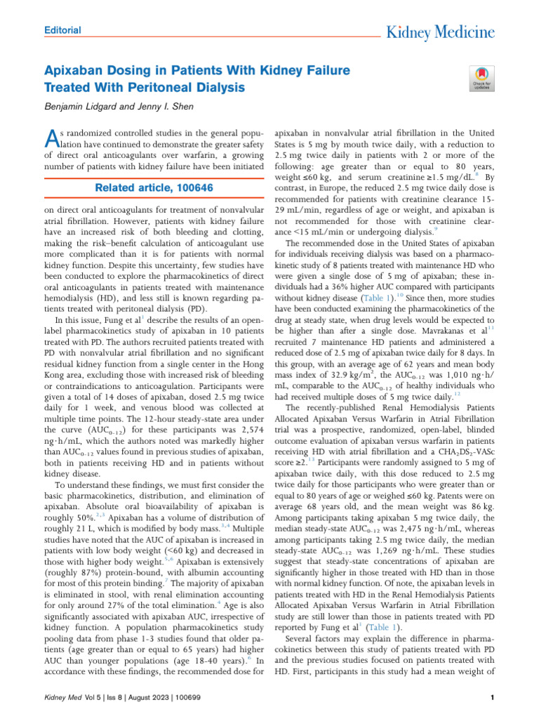 Apixaban Dosing in Peritoneal Dialysis | PDF | Hemodialysis | Creatinine
