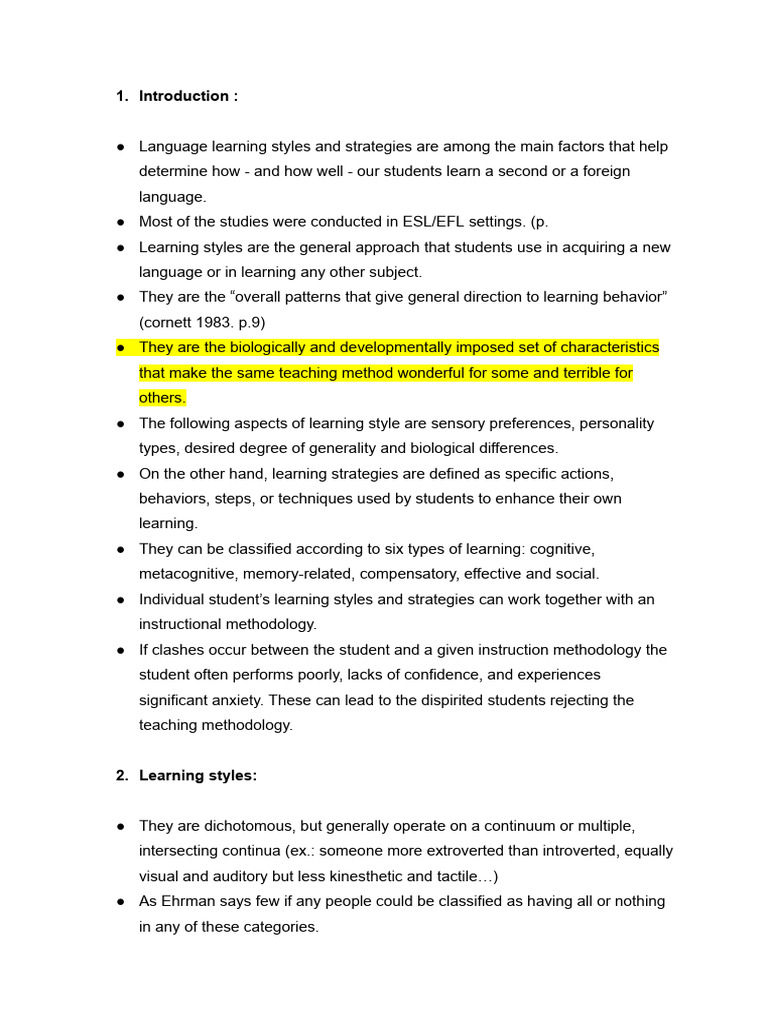 Text 3 fichamento - Language Learning Styles and Strategies | PDF | Second Language | Learning