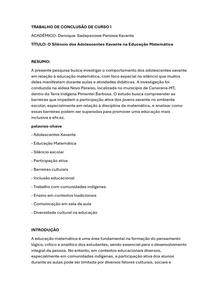 Silêncio dos Adolescentes Xavante na Matemática | PDF | Pedagogia ...