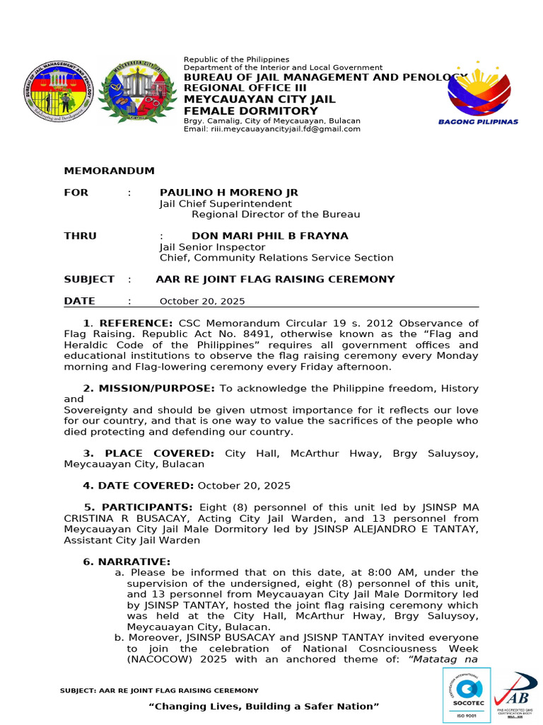 Mcjfd-Aar Re Joint Flag Raising Ceremony-October 20.2025 | PDF