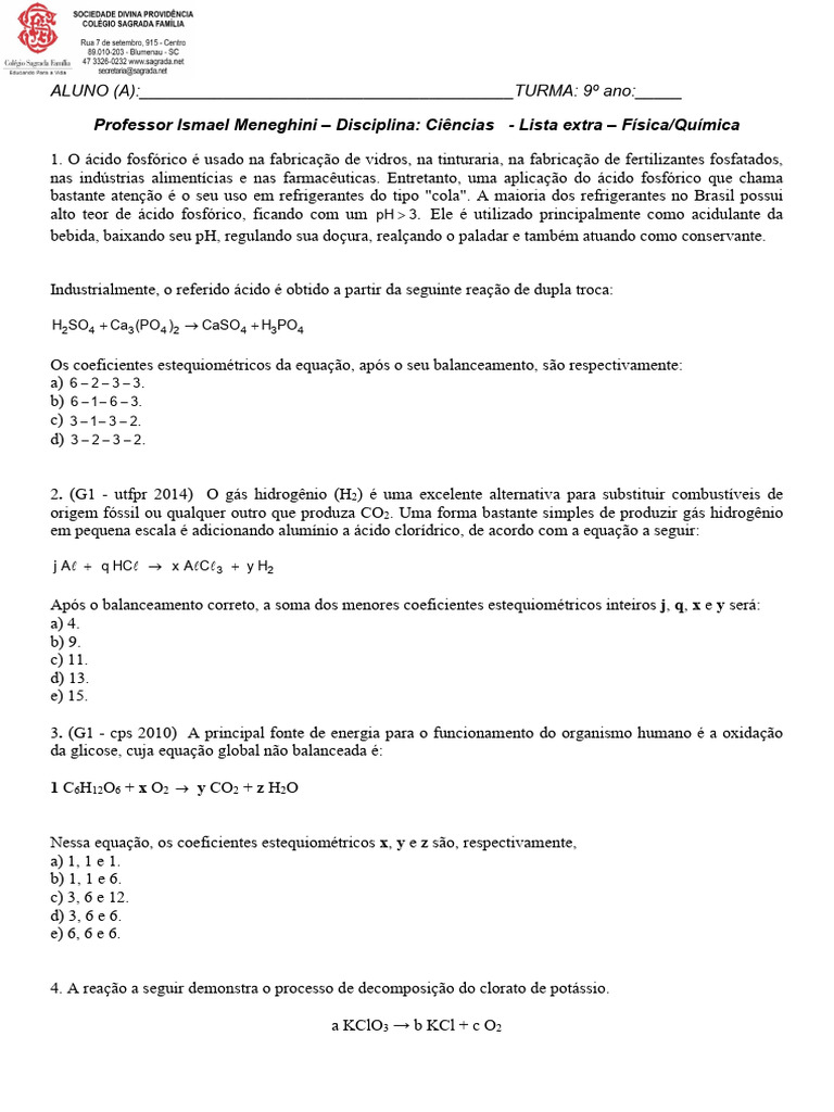 Lista de Exerc¿Cios Fis - Qui - Balanceamento e Velocidade de Propaga¿¿o Do Som. | PDF ...