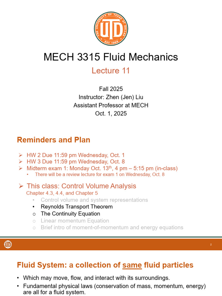Lecture11 MECH3315 Fall25 Oct1 | PDF | Momentum | Fluid Mechanics