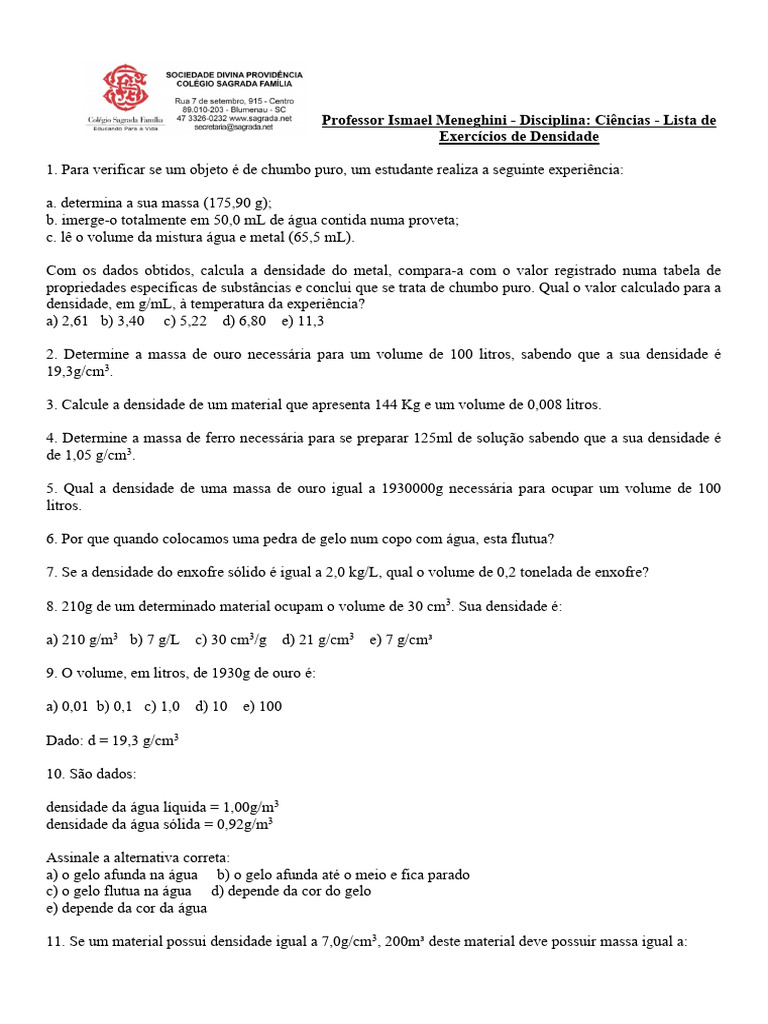 Densidade - Lista de Exerc¿Cios. | PDF