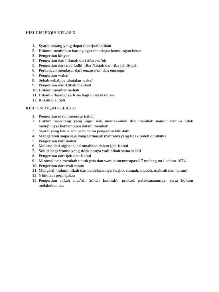 Kisi-Kisi Fiqih Kelas X dan XI | PDF