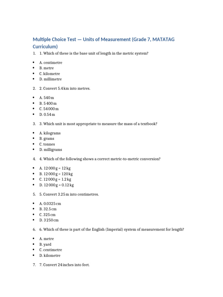 Grade 7 Measurement Quiz | PDF | Litre | Kilogram