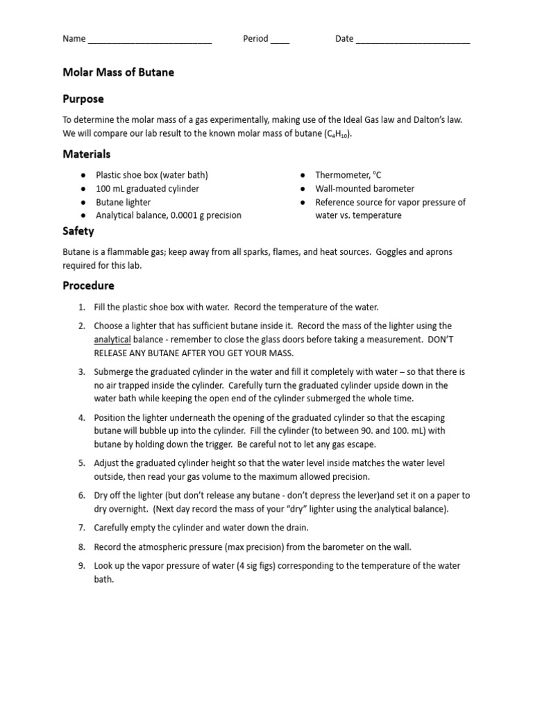 AP Lab - Molar Mass of Butane (2025-26) (BL) | PDF