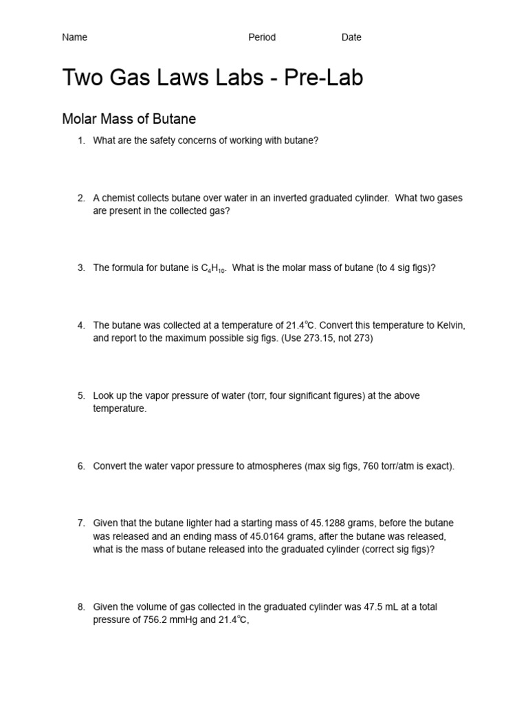 Two Gas Laws Labs - Pre-Lab Questions | PDF | Gases | Hydrochloric Acid