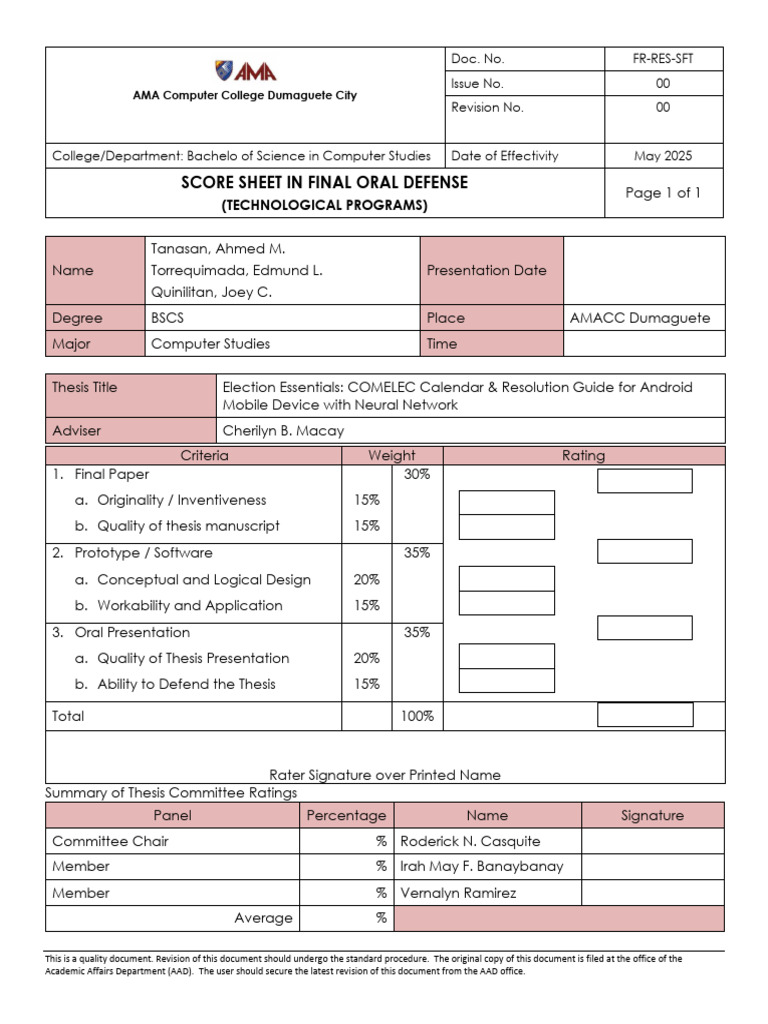 BSCS Final Oral Defense Score Sheet | PDF | Thesis | Computing