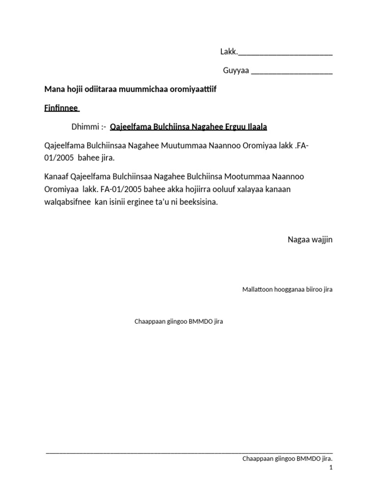 Qajeelfama Bulchiinsa Nagahee Mootummaa Lakk. FA-01. 2005 (Autosaved) 2 ...
