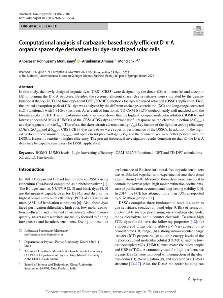 D-π-A Organic Dyes for Solar Cells | PDF | Emission Spectrum | Spectral ...