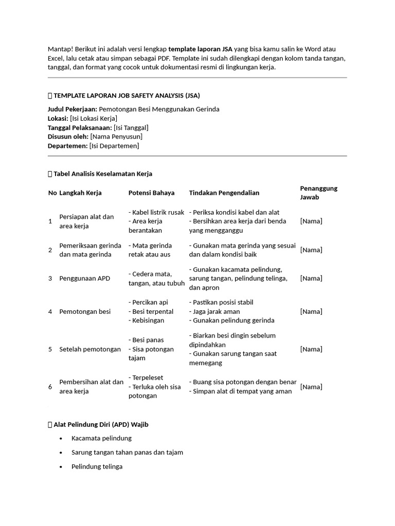 Template JSA Pemotongan Besi Gerinda | PDF