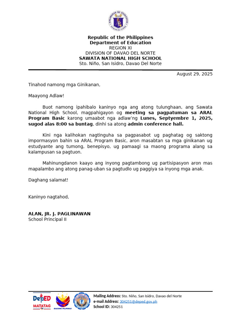 Aral Program Orientation Letter | PDF