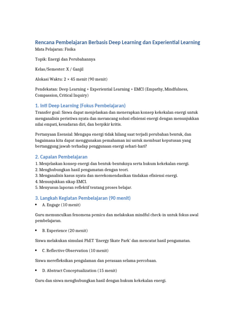 RPP DeepLearning ExperientialLearning Fisika | PDF