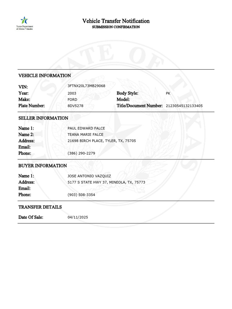 Texas Vehicle Transfer Notification | PDF