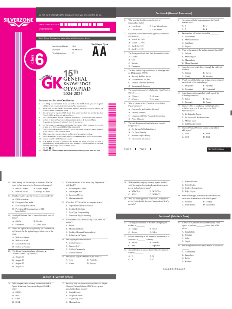 Class 6 General Knowledge Olympiad 2024 | PDF