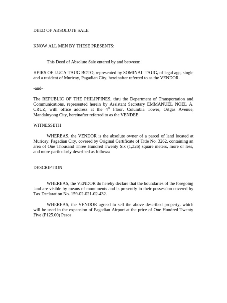 Deed of Absolute Sale-Form | PDF