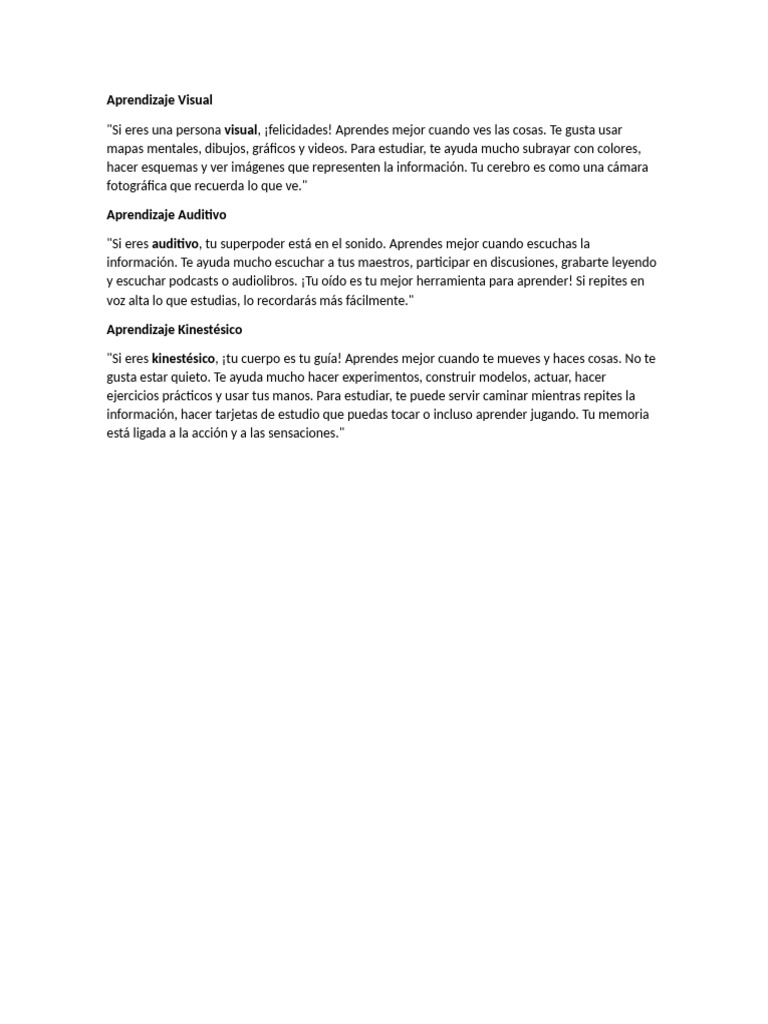 Tipos de Aprendizaje: Visual, Auditivo y Kinestésico | PDF