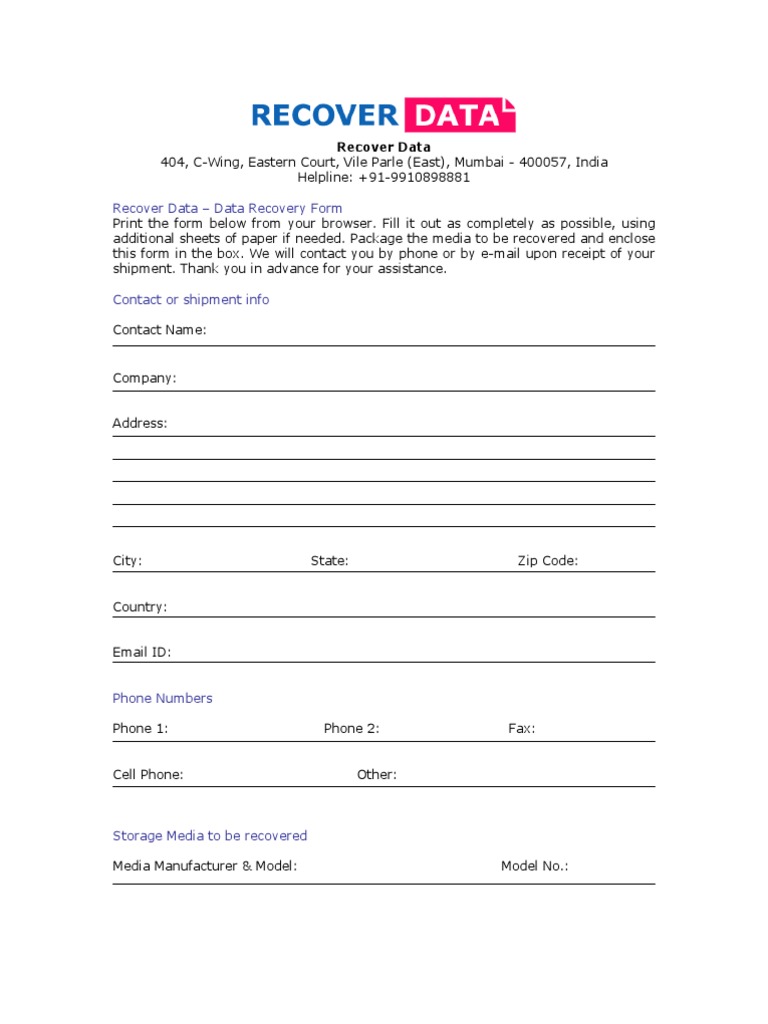 Data Recovery Request Form | PDF | Computers