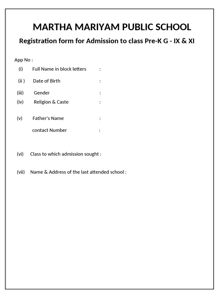 Admission Registration Form for Pre-K to XI | PDF
