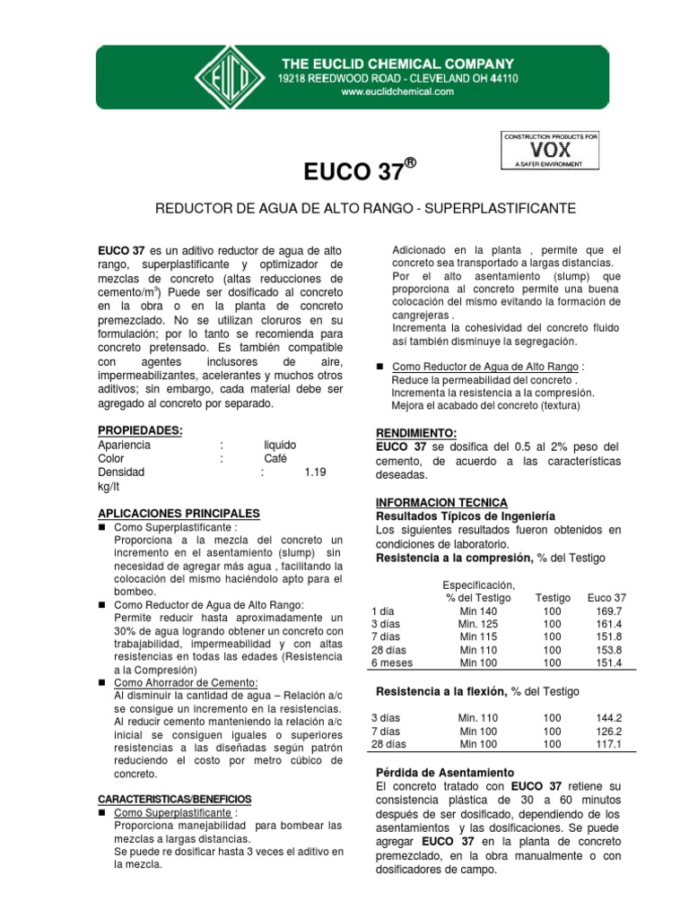 Aditivo EUCO 37: Superplastificante y Reductor de Agua | PDF | Hormigón ...