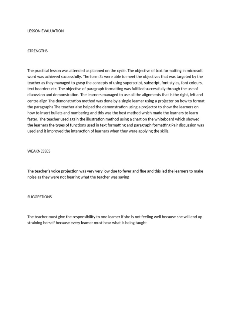 Lesson Evaluation: Strengths and Weaknesses | PDF