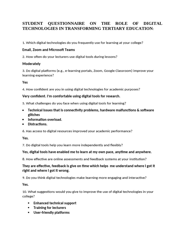 Student Questionnaire Digital Technologies (1) Answered | PDF