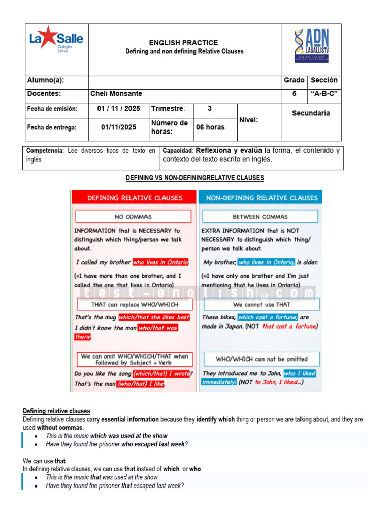 Defining vs Non-Defining Clauses Guide | PDF | Linguistic Typology ...