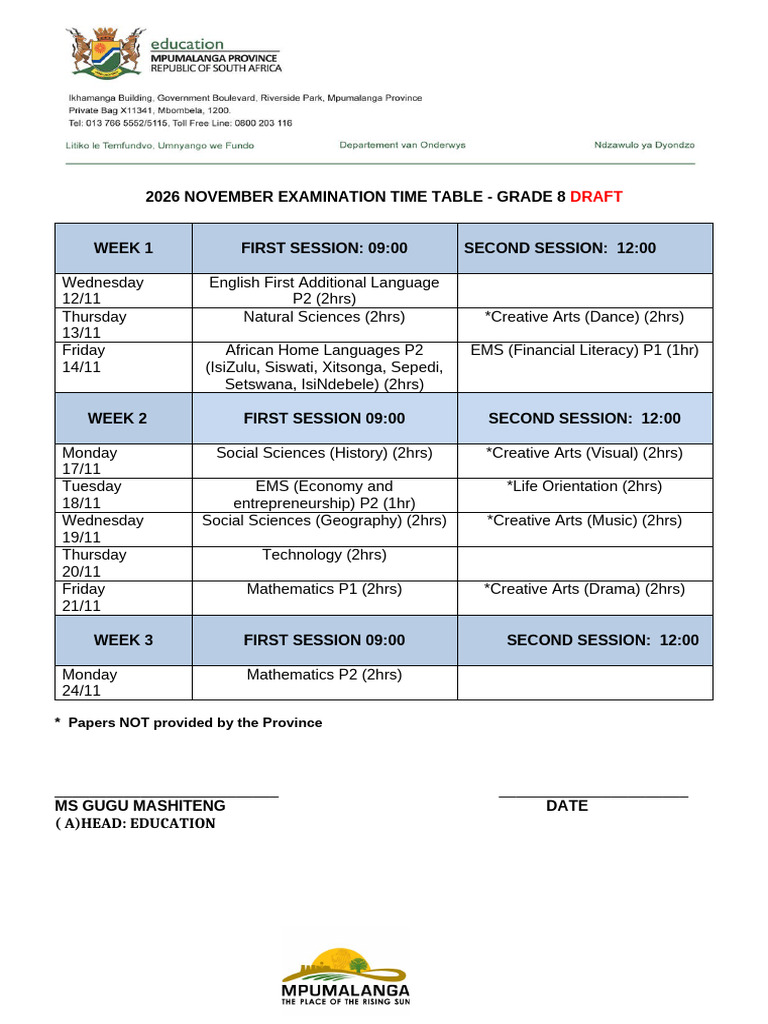 Grade 8 November 2026 Exam Schedule | PDF