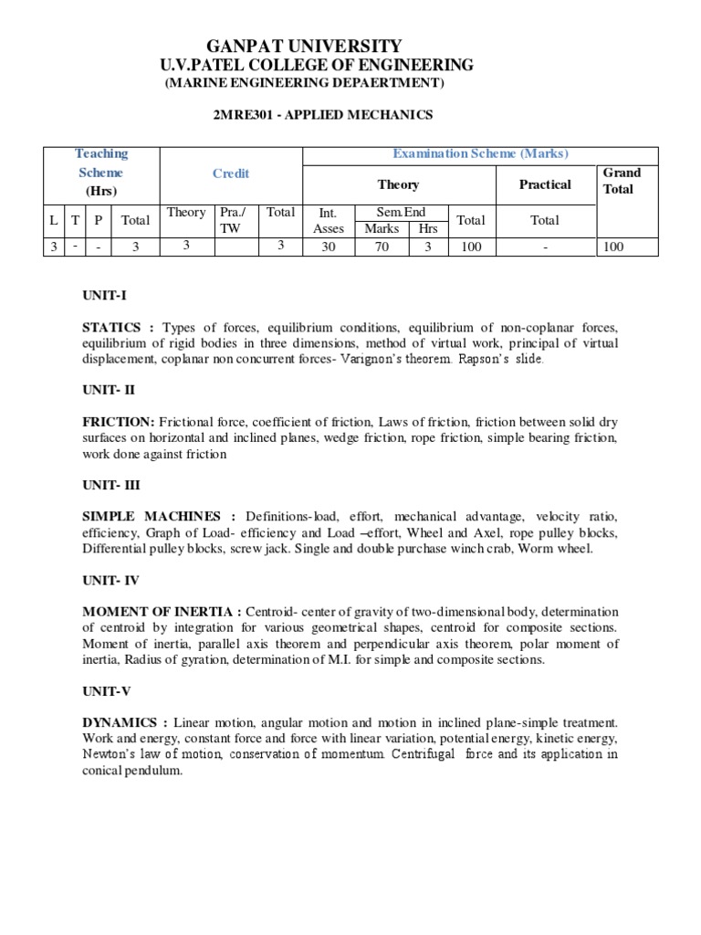 Applied Mechanics Course Outline for Marine Engineering Department at ...