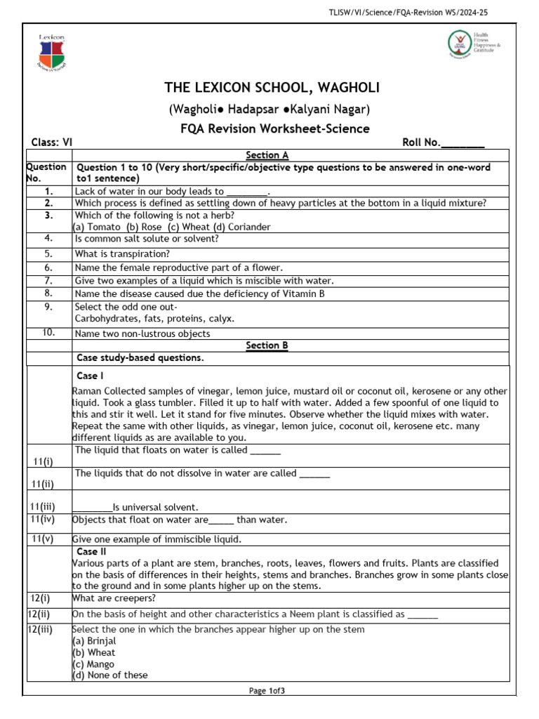 TLISW CL VI Science Revision Worksheet July 2024-25 | PDF