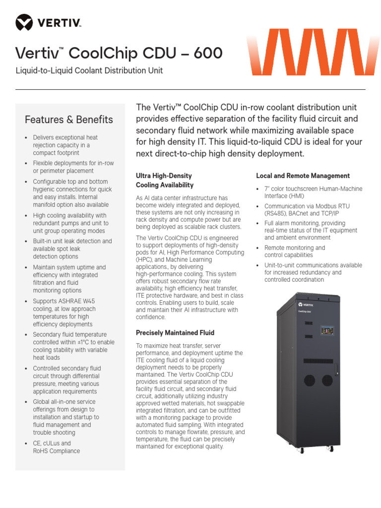 Vertiv CoolChip CDU 600 Features Overview | PDF | Pump | Data Center