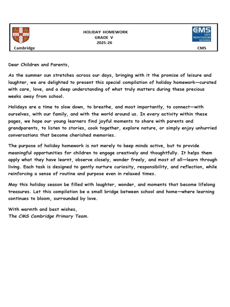 Grade V Holiday Homework 2025-26 | PDF | Microsoft Word | Creativity