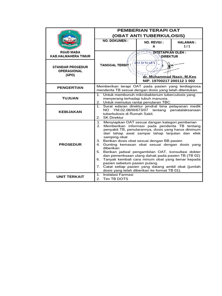 Sop Pemberian Terapi Oat (Obat Anti Tuberkulosis) | PDF