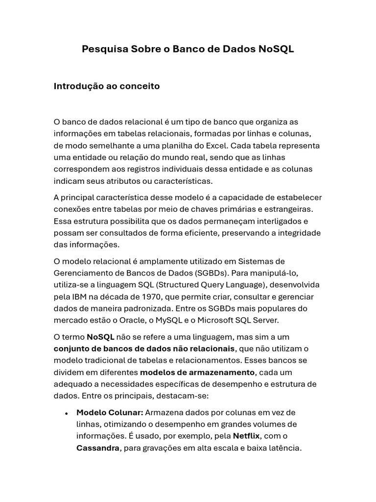 Pesquisa Sobre o Banco de Dados NoSQL | PDF | No SQL | Bancos de dados