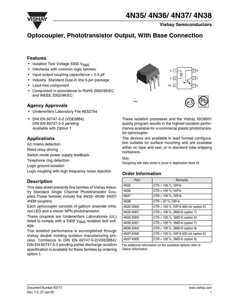 4N35/ 4N36/ 4N37/ 4N38: Optocoupler, Phototransistor Output, With Base Connection | PDF ...