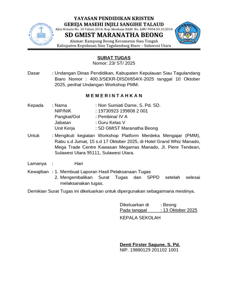 Surat Tugas Workshop PMM SD GMIST Maranatha | PDF
