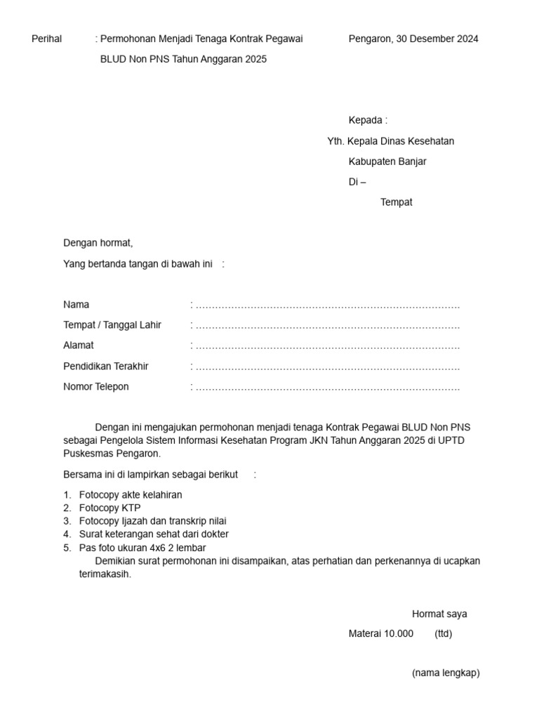 Contoh Surat Lamaran Blud | PDF