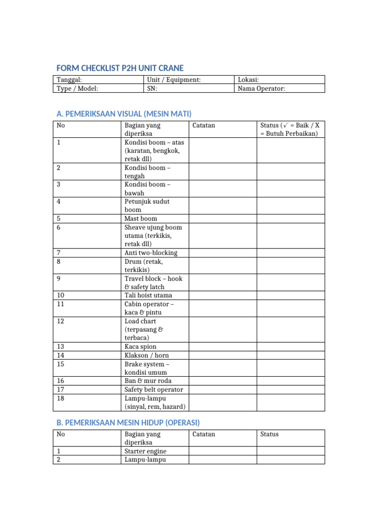 Checklist Pemeriksaan Crane P2H | PDF