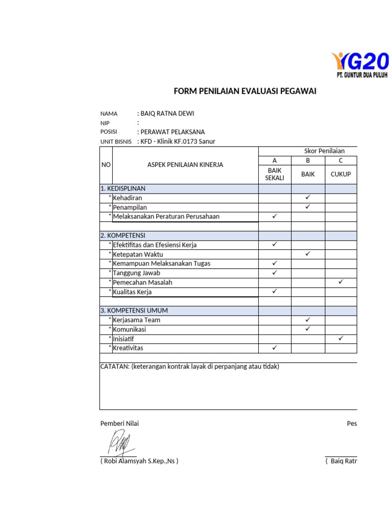 FORM EVALUASI - BAIQ RATNA DEWI KFD (G20) | PDF